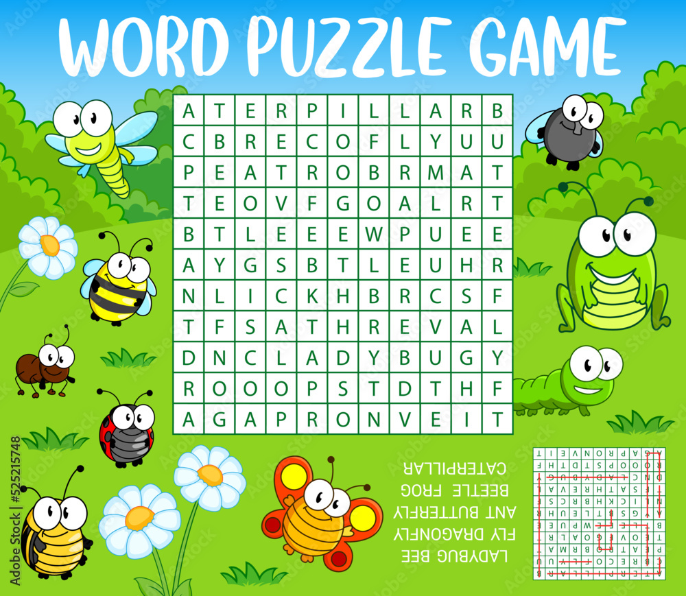Vector de Stock Cartoon insects on green meadow. Word search puzzle ...