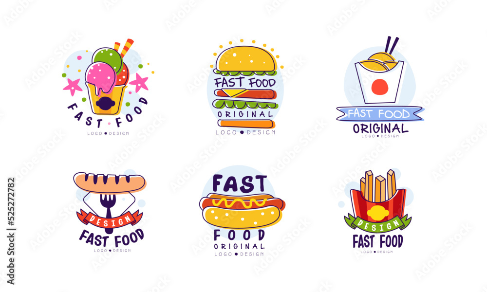 Fast food logo set. Hamburger, hot dog, noodles badges, labels for cafe ...