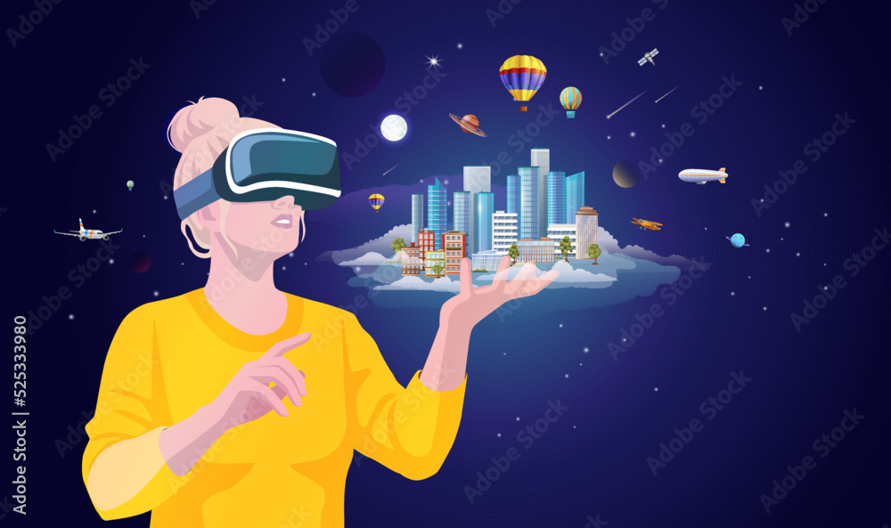 Woman in vr glasses holds in hand hologram of meta verse space, planets ...