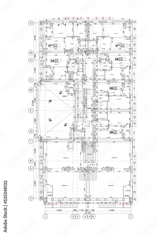 Multistory building detailed architectural technical drawing, vector ...