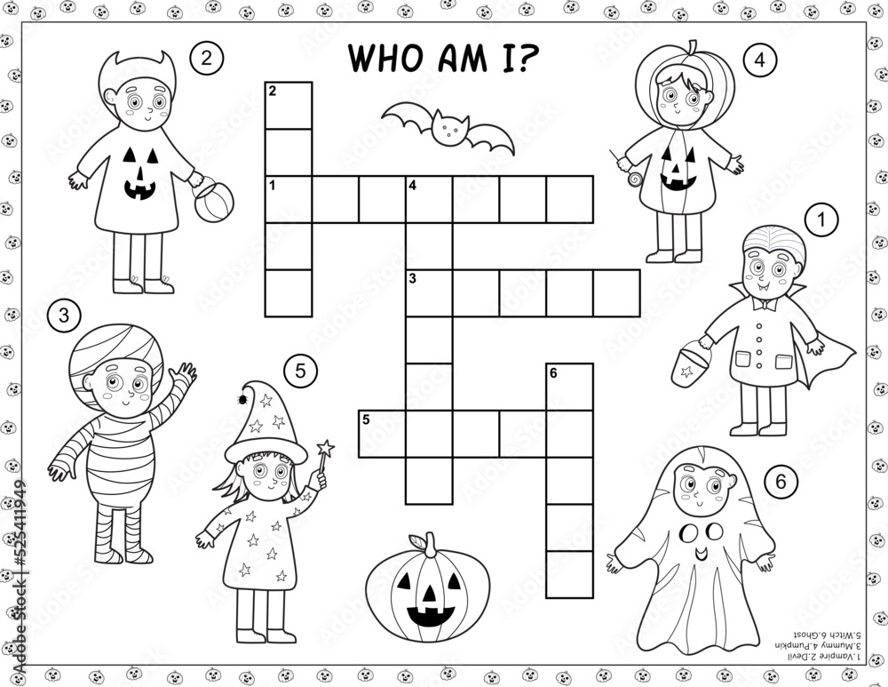 Black and white Halloween crossword with cute kids in costumes of ...