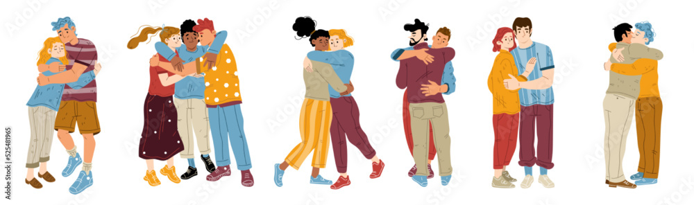 Set of happy people hugging isolated on white background. Male and female flat characters ...