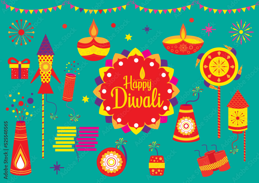 Diwali festival flat modern elements illustration and icon set for ...