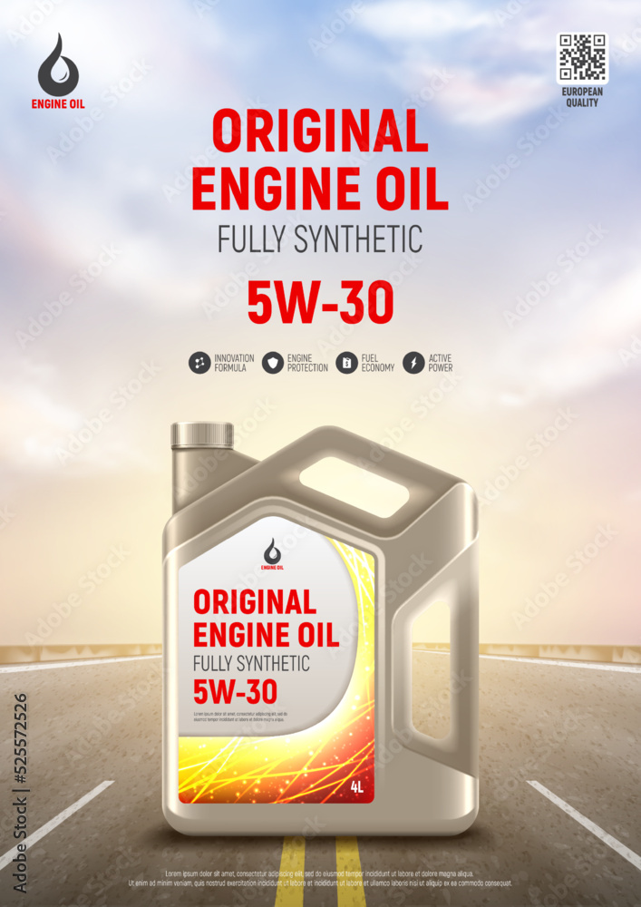 Engine oil advertising poster. Realistic vector illustration with ...