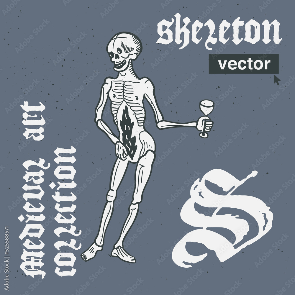 Skeleton vector engraving style illustration. Medieval art with ...