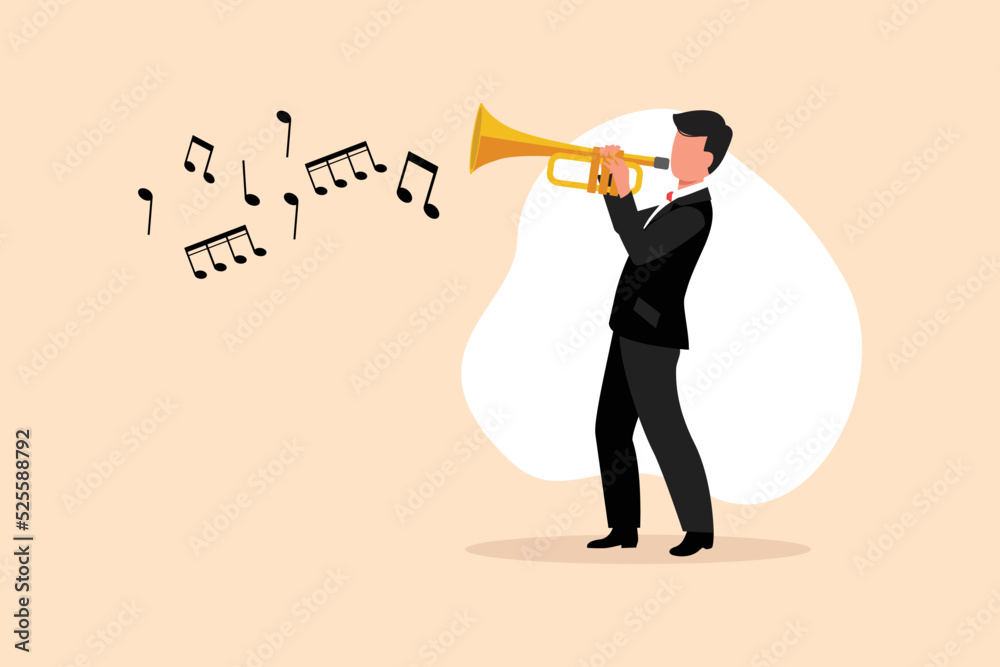 Business flat cartoon drawing man play trumpet. Music instrumental ...