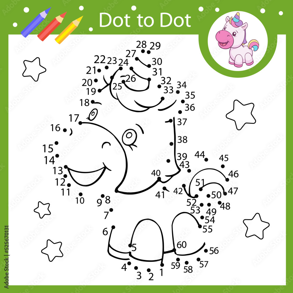 Dot to dot game connect drawing of cute unicorn. Kids education riddle ...
