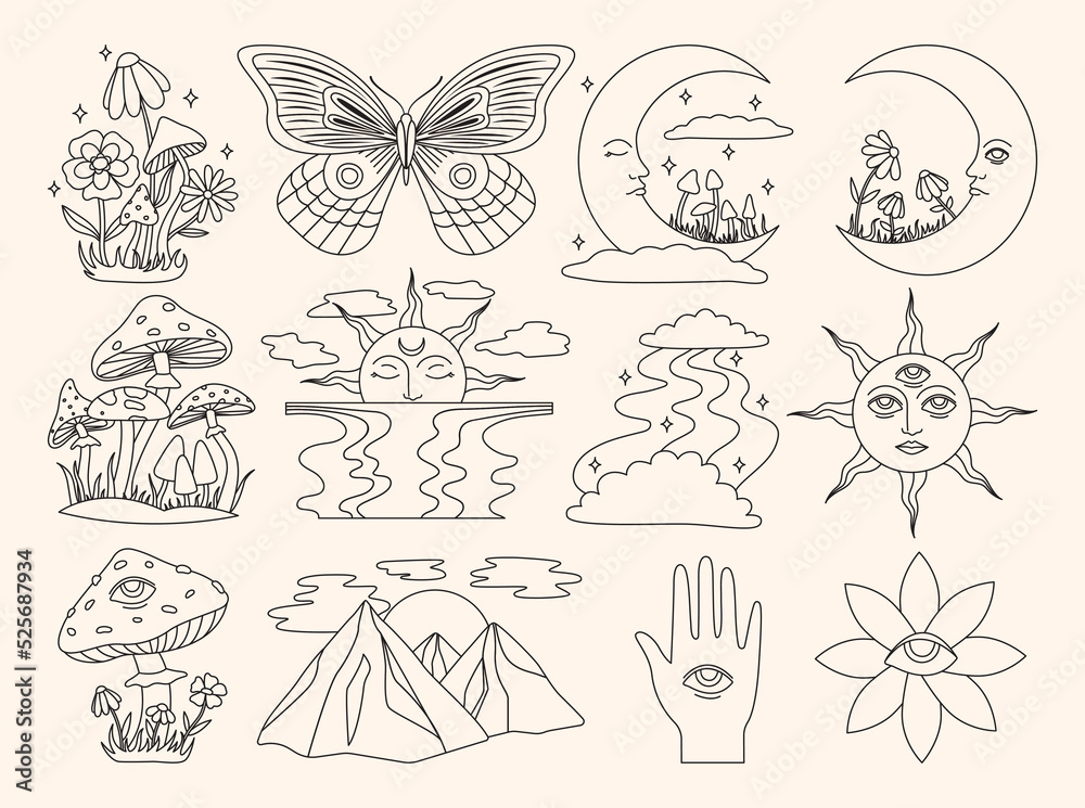 Outline vector set of 60s and 70s psychedelic clipart. Groovy mushrooms ...
