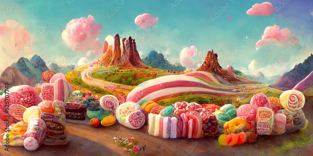 Fantasy candy land with colorful made of candy, lollipops, cake ...