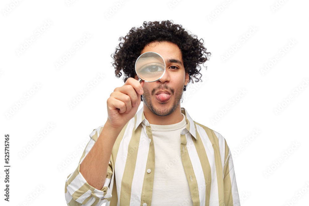 investigation, discovery and vision concept - happy man looking through ...