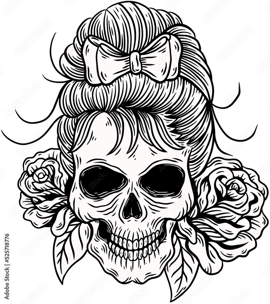 Women Skull Dark illustration Skull Bones Head Hand drawn Hatching ...
