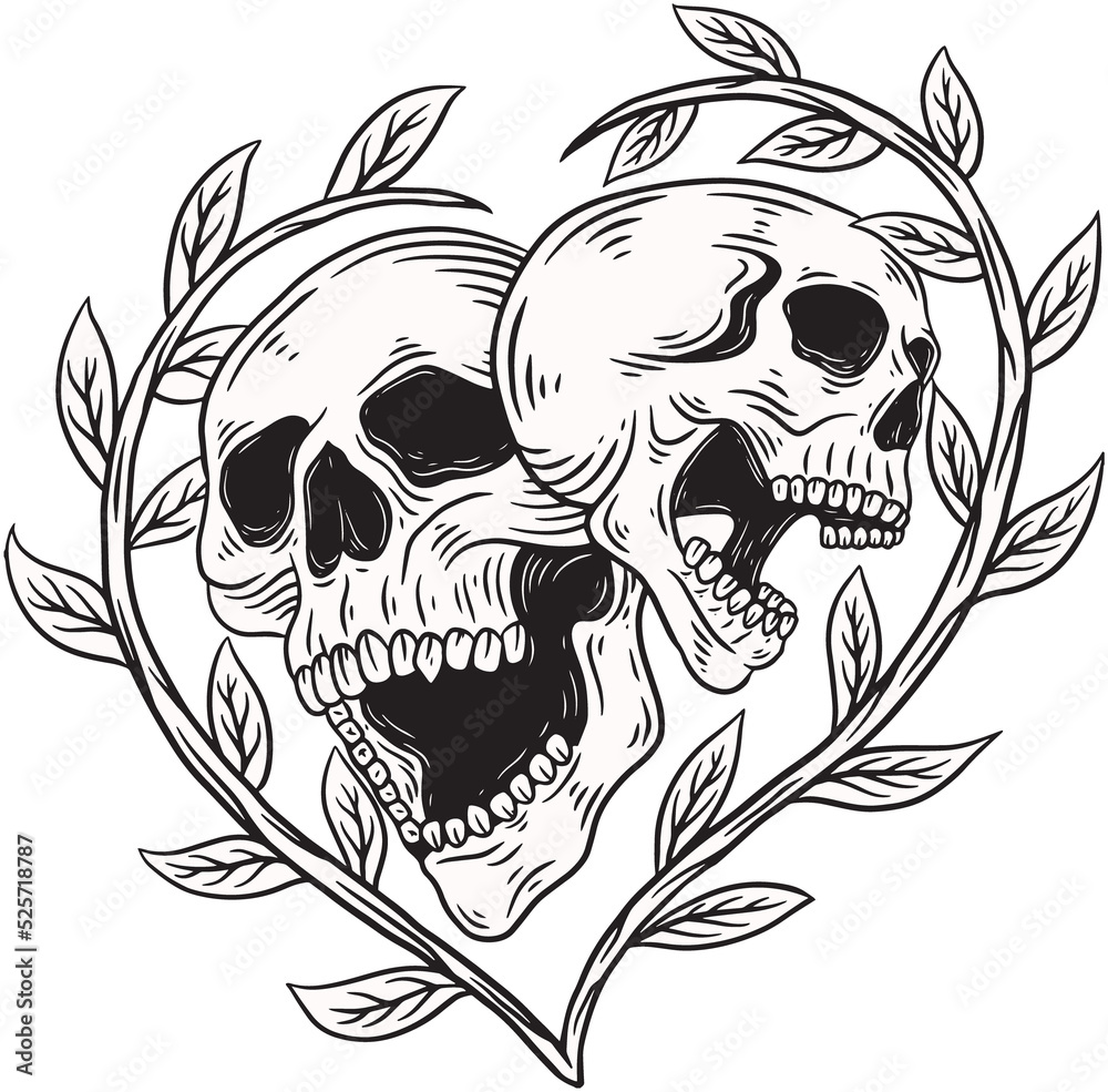 Dark illustration Skull Bones Head Hand drawn Hatching Outline Style ...