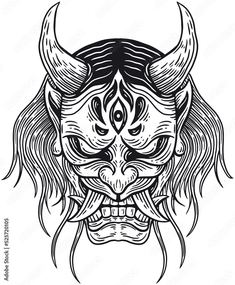 Demon Mask Beast Head Hand drawn Hatching Outline Symbol Tattoo Stock ...