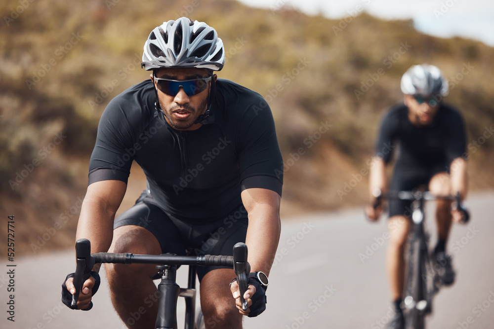Training, energy and fitness with cyclists exercise on bicycle outdoors ...