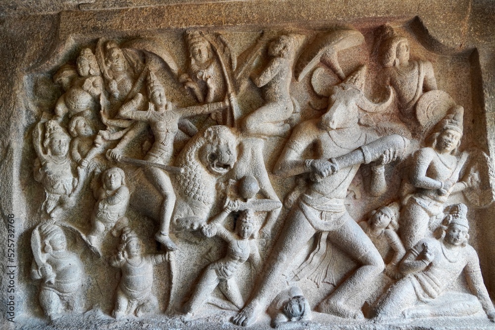 Battlefield scene of Hindu Goddess Durga fight with the Buffalo headed ...