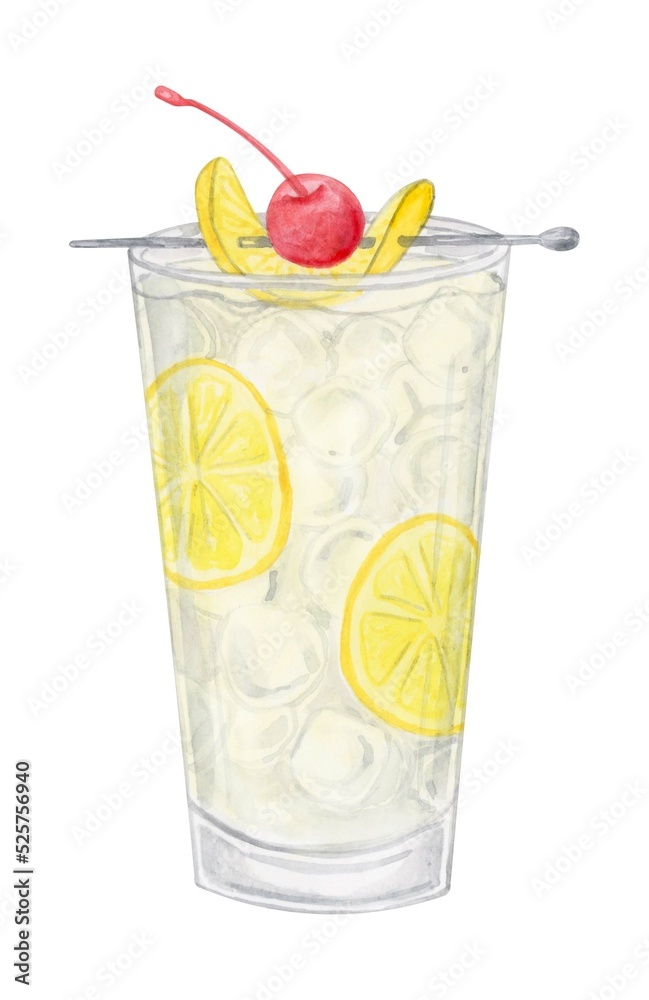 Tom Collins cocktail watercolor hand drawn illustration. Drink clipart ...