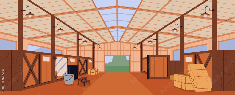 Empty stable, stall panorama. Inside wood shed interior. Paddock ...