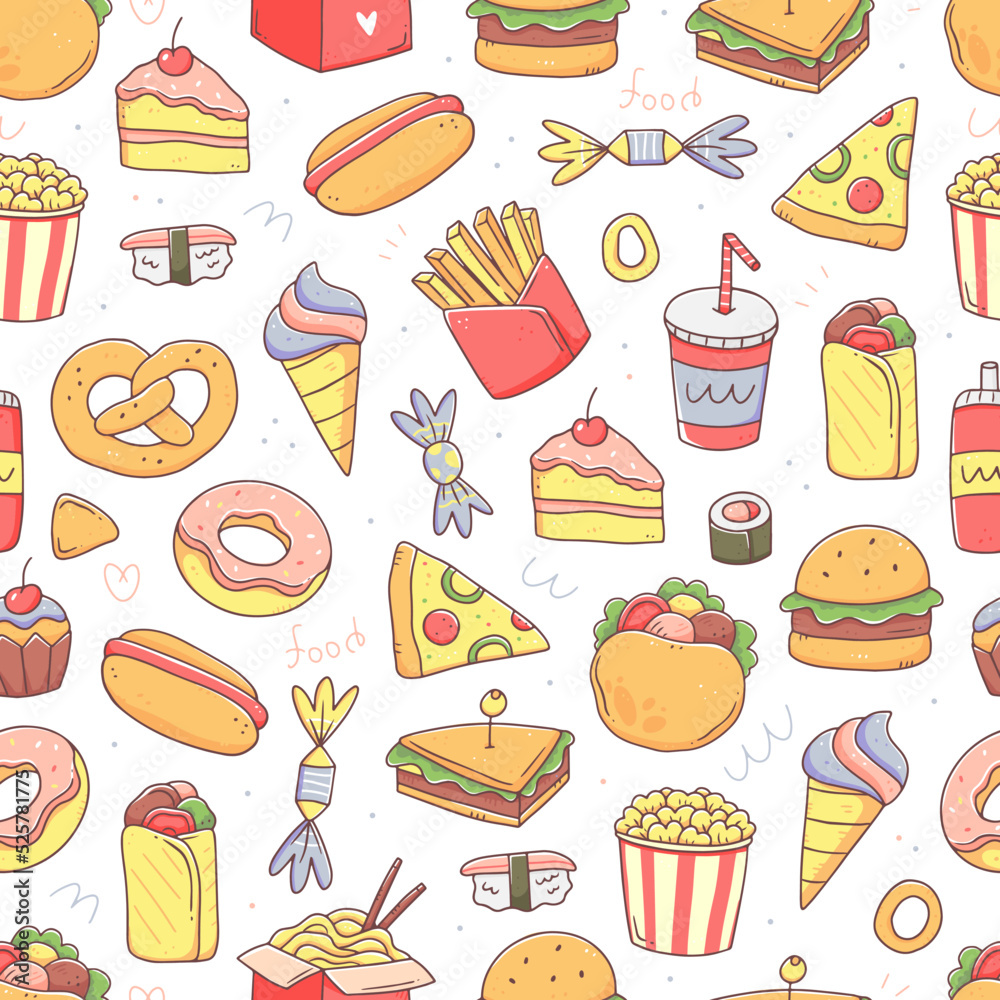 Seamless pattern with fast food in cute kawaii doodle style. Vector ...