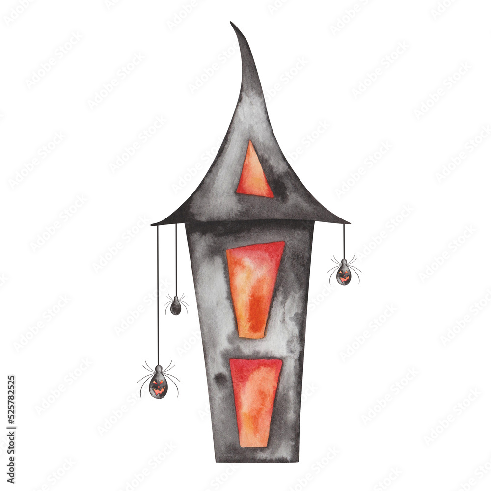 Watercolor illustration of hand painted haunted house with spiders in ...