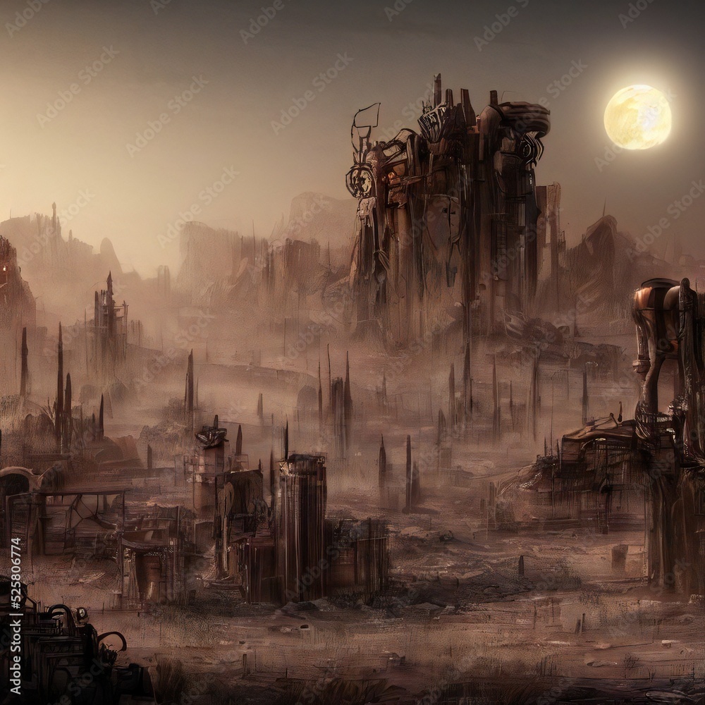 Charred, radioactive post-apocalyptic wasteland in nuclear summer ...