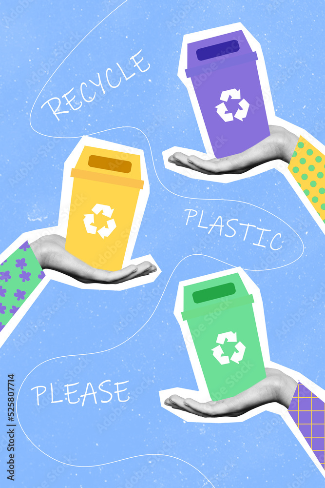 Vertical composite collage of hands holding trash bins support plastic ...