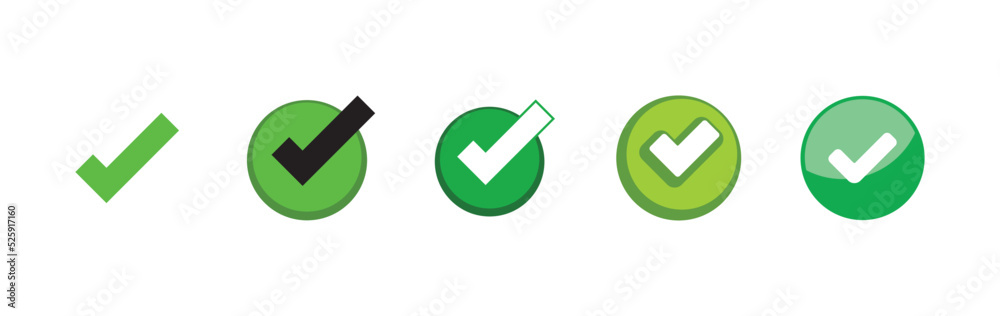 Check mark icons. Green checklist tick symbol. Approved and positive ...