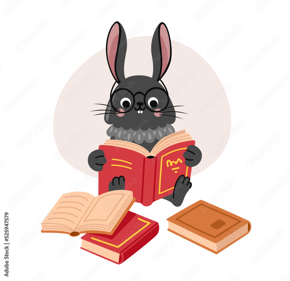 Rabbit reading book. Smart bunny in glasses, cartoon character. Cute ...