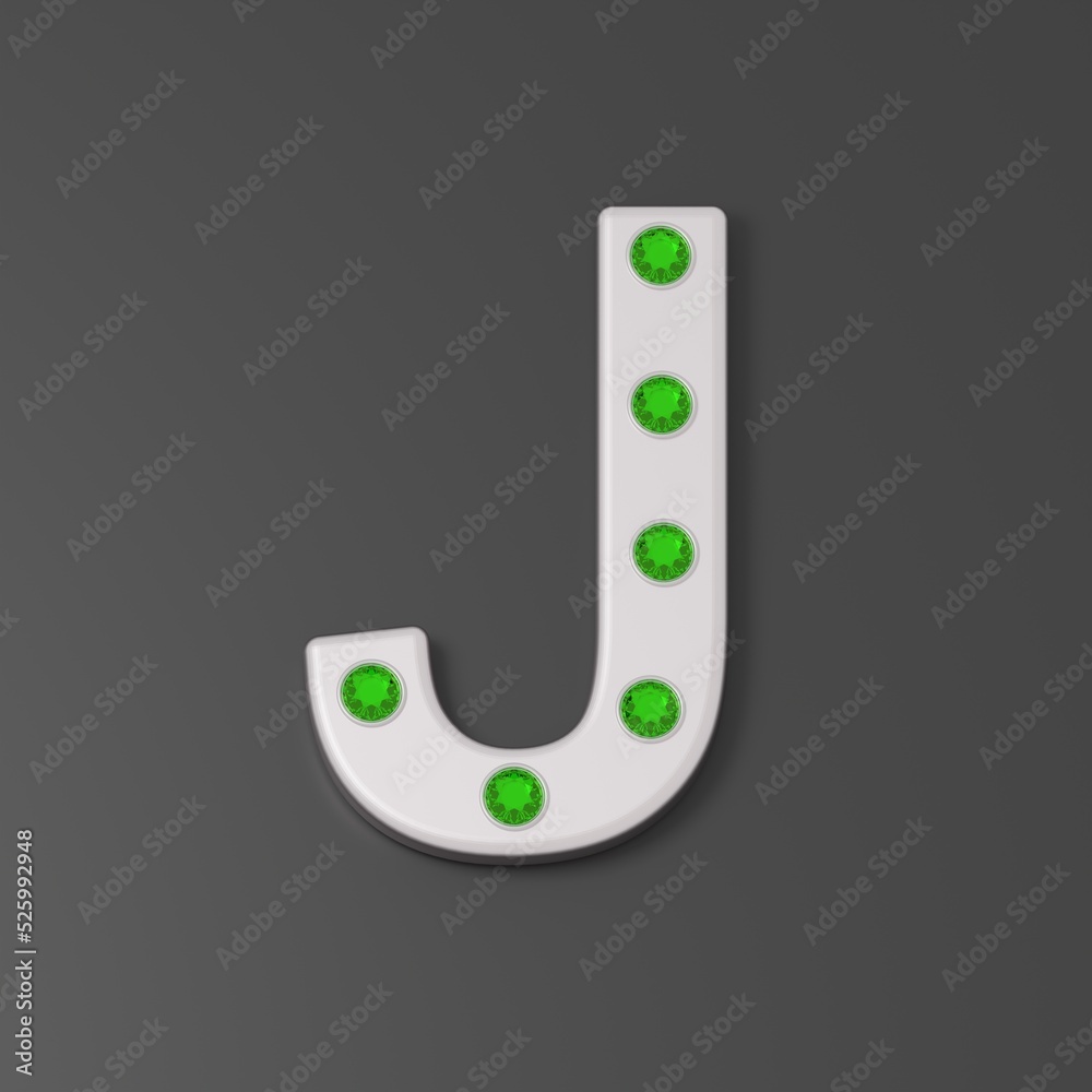 Capital letter J from silver and emeralds. Silver font with emeralds ...