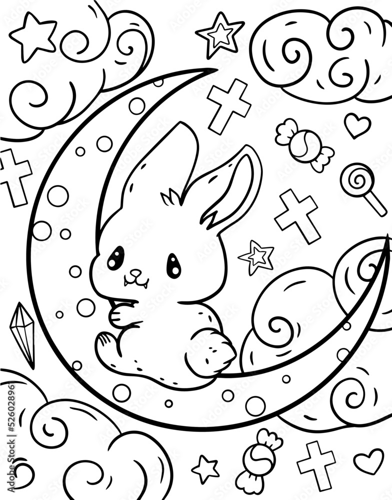 Kawaii coloring page. The rabbit is sitting in the moon. Mystic. Black ...
