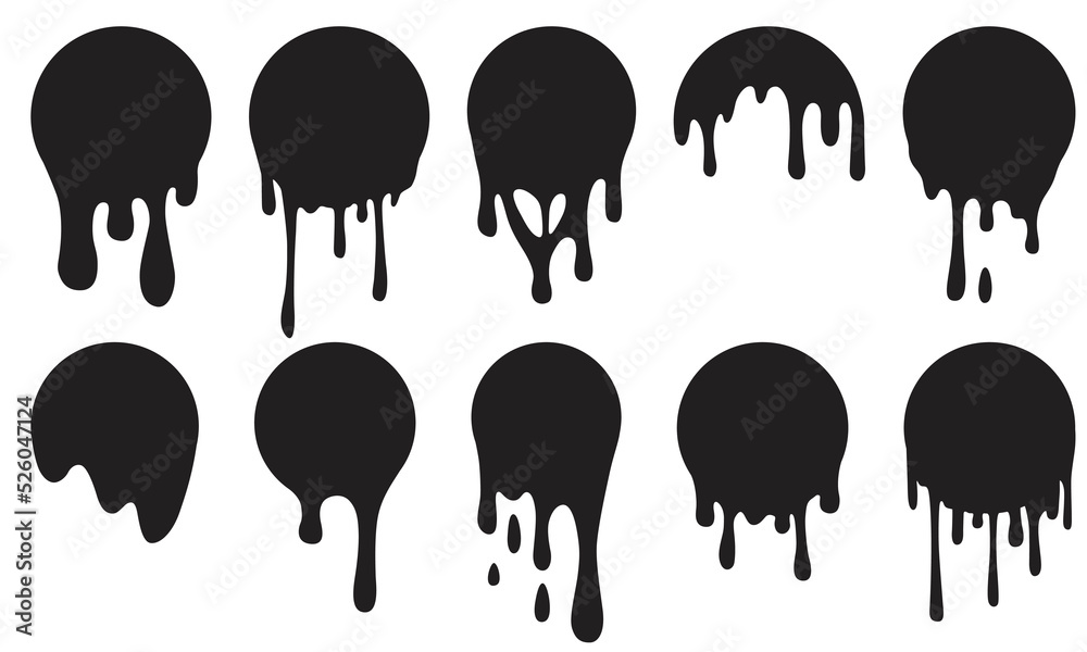 Paint drip circle labels. Black paint liquid. Ink drop set. Black ...