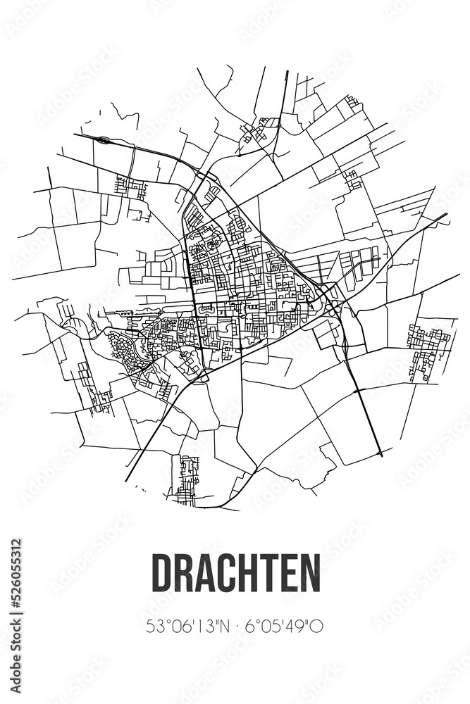 Abstract street map of Drachten located in Fryslan municipality of Smallingerland. City map with ...