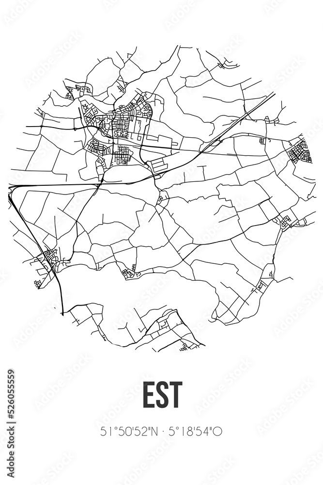Abstract street map of Est located in Gelderland municipality of West ...