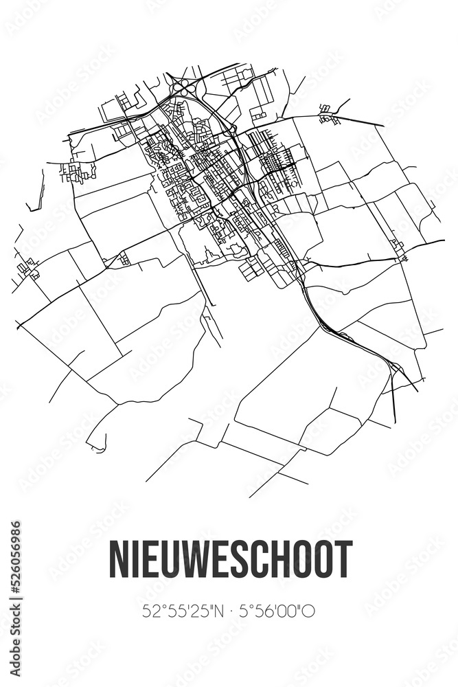 Abstract street map of Nieuweschoot located in Fryslan municipality of Heerenveen. City map with ...