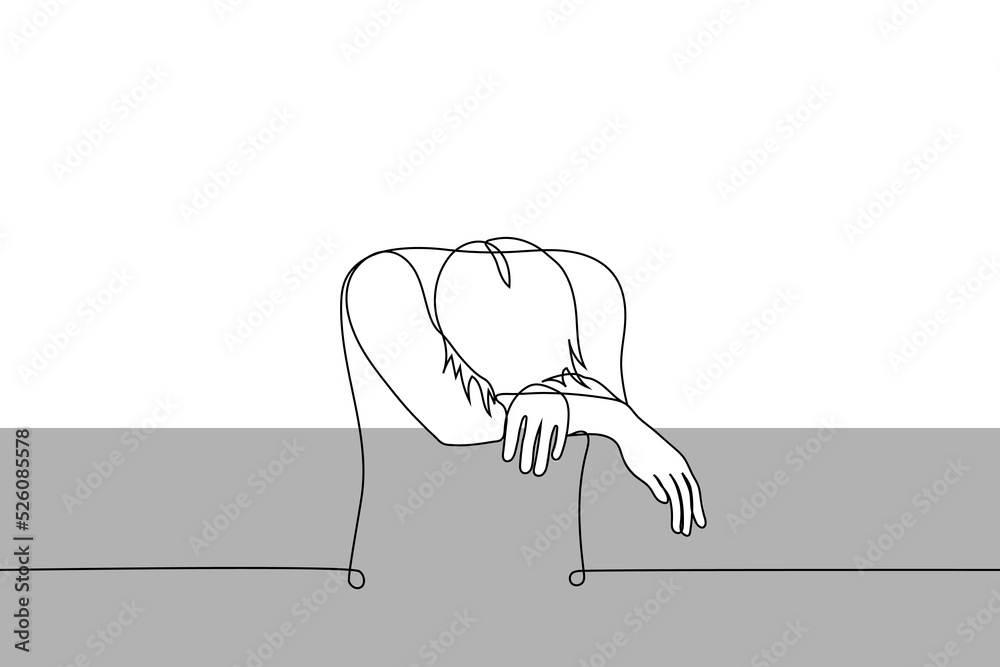 man lowered his head on crossed arms leaning on the railing - one line ...