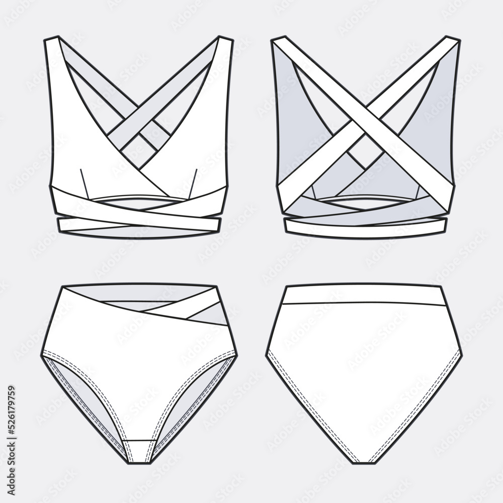 Women's Bikini Swimsuit fashion technical drawing template. Girl's ...