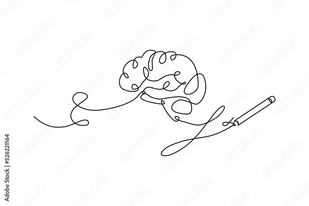 One continuous line of brain drawing pen. Creating new idea and mindset ...