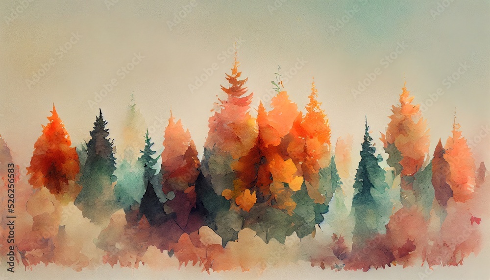 Autumn forest landscape. Colorful watercolor painting of fall season ...