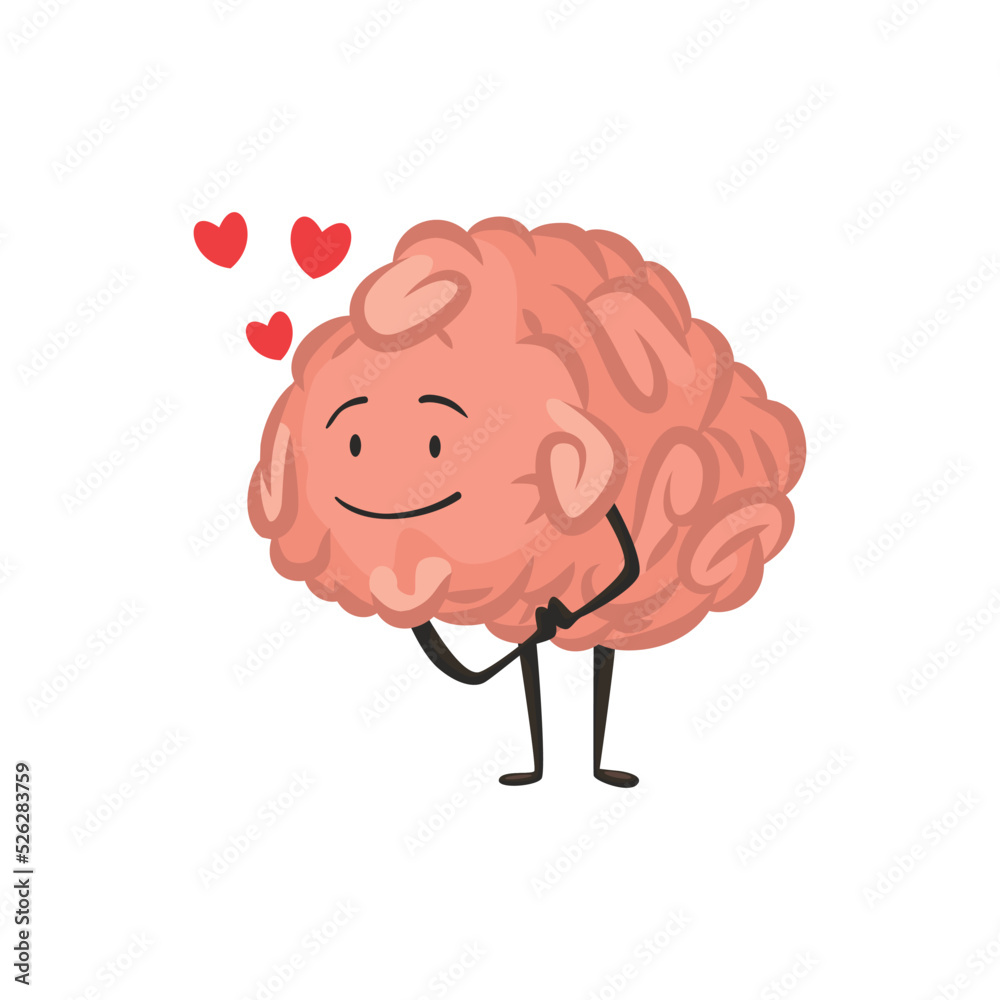 Brain character emotion. Intelligence emoji in love. Cute hero brain ...