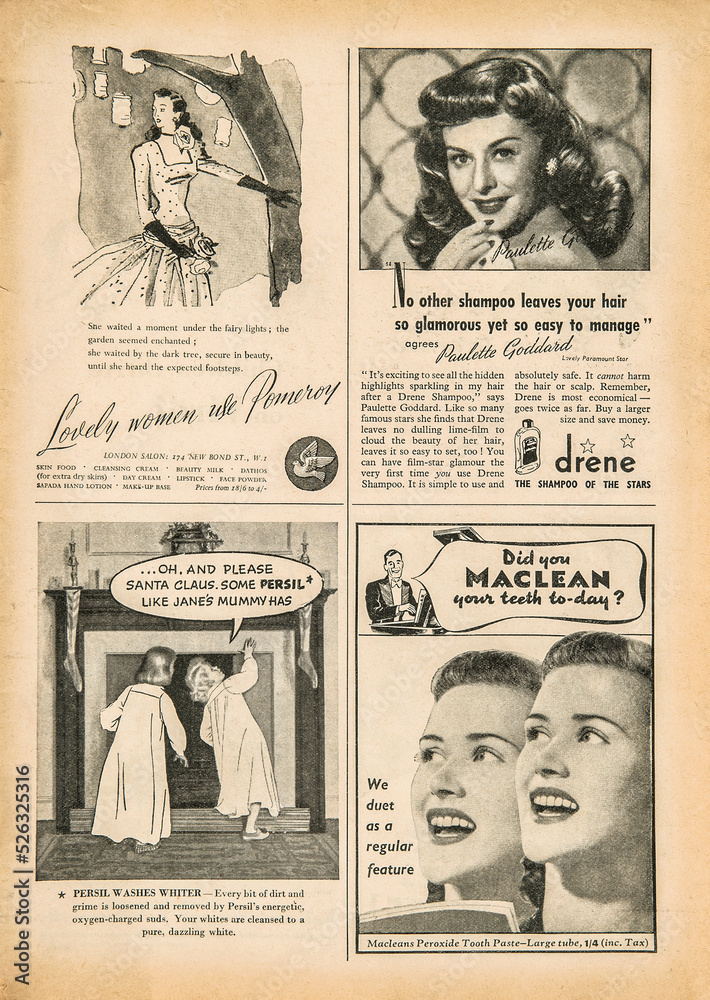 Newspaper page english text advertising pictures Vintage magazine Stock ...