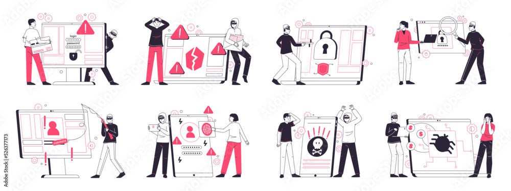 Vector de Stock Cyber hacker attack, outline internet scam phishing ...