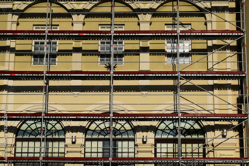steel pipe scaffold structure with braces. silver gray metal color ...