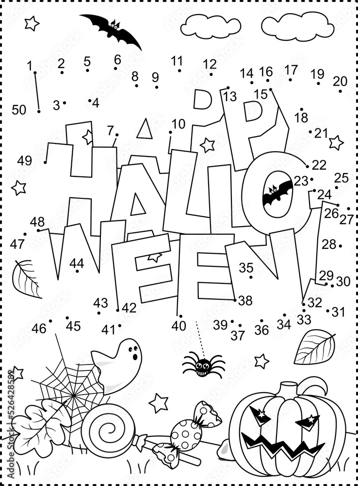 "Happy Halloween!" greeting dot-to-dot picture puzzle and coloring page ...
