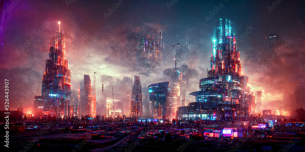 Building house Hi tech technology modern city in a cyber 3D city in a ...