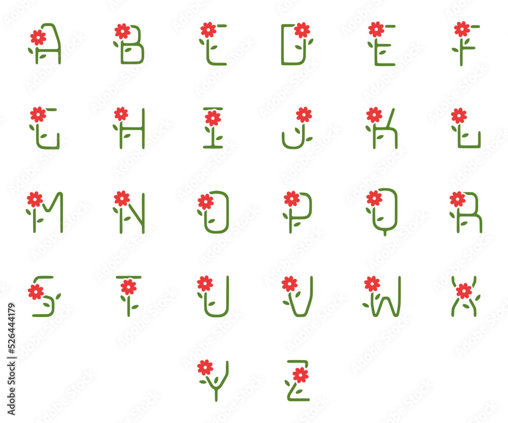Vector set of letters with red flower hand drawn style isolated on ...