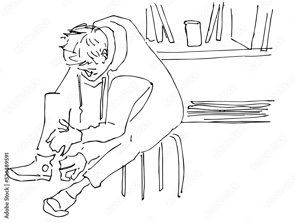 Flat Illustration Young Guy Line Drawing with Phone in Hands. One Line ...