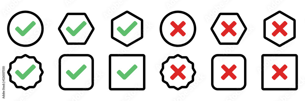 Stock-Vektorgrafik „Check and wrong marks Icon Set, Tick and cross marks, Accepted,Rejected ...