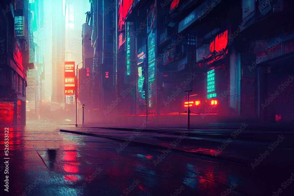 Empty cyberpunk city. Digital painting of futuristic building ...