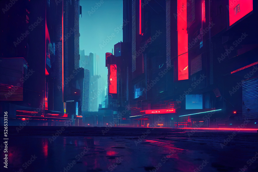 Ilustração Empty cyberpunk city. Digital painting of futuristic ...