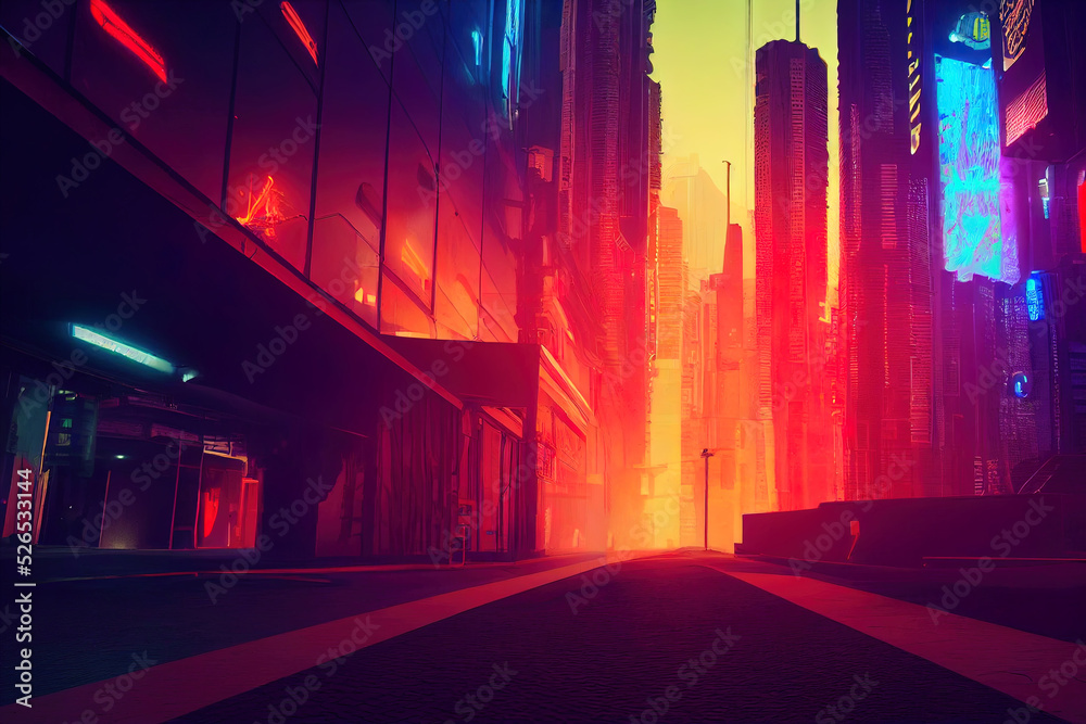 Empty cyberpunk city. Digital painting of futuristic building ...
