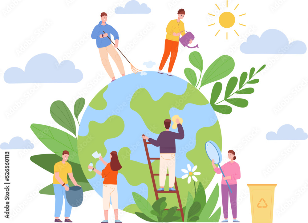Volunteers cleaning globe. Ecologic activists clean green planet ...